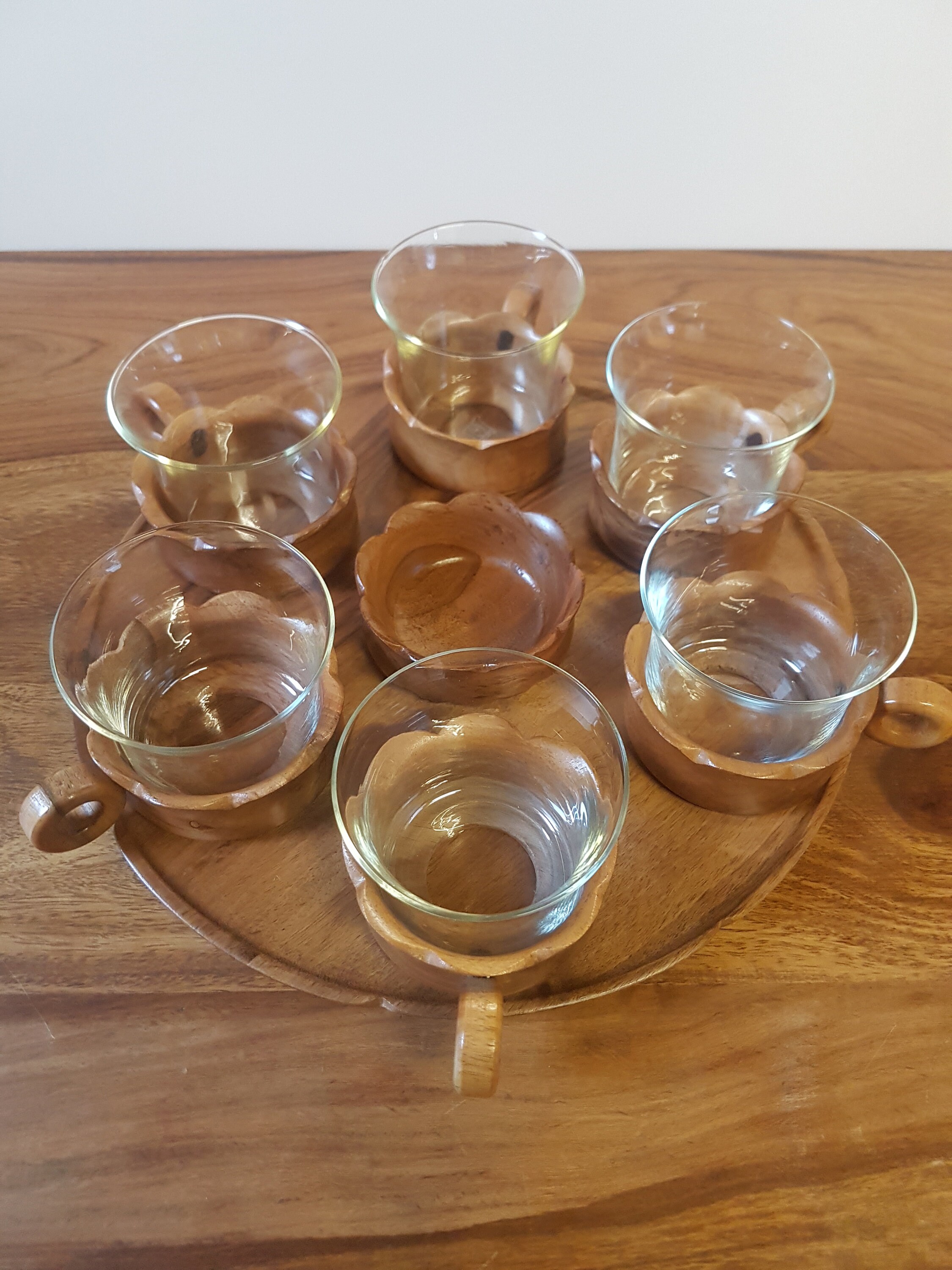 Vintage Teak Tea Set With Wooden Tray, Six Cups and Aperitif Sticks, C ...