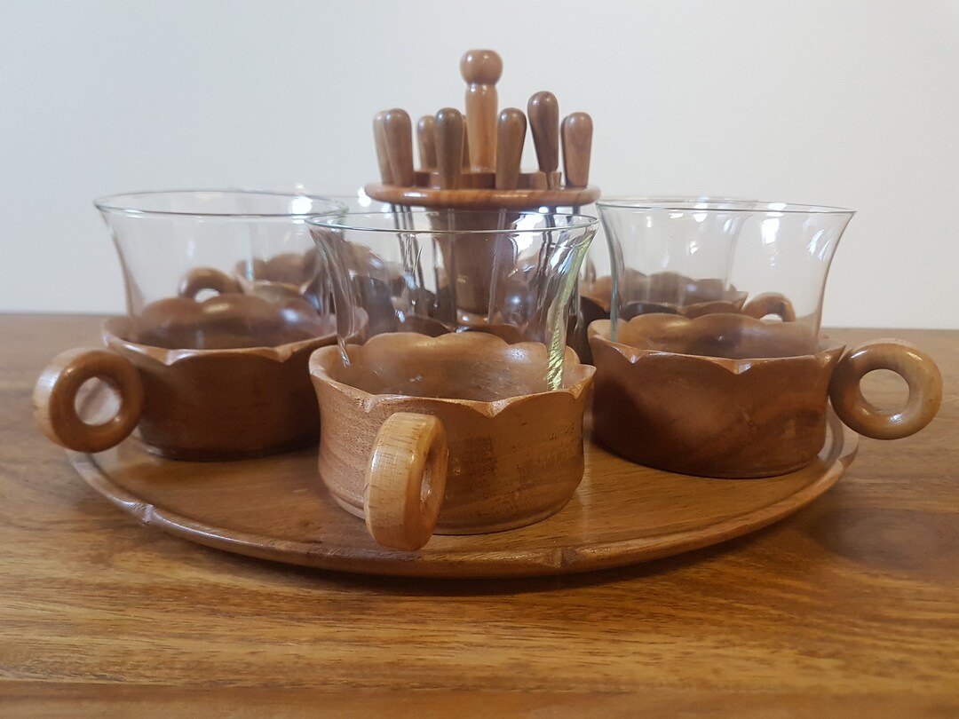 Vintage Teak Tea Set With Wooden Tray, Six Cups and Aperitif Sticks, C ...