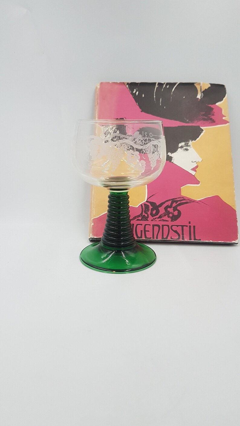 Traditional French Luminarc Roemer Wine Glasses With Tendril Decoration And A Green Stem In
