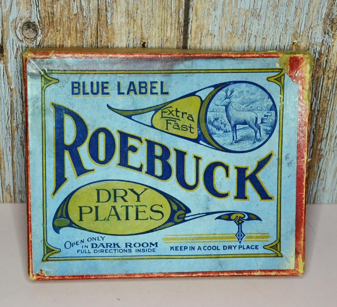 Antique Box Roebuck Blue Label Photo Dry Plates Film Developing Sears ...