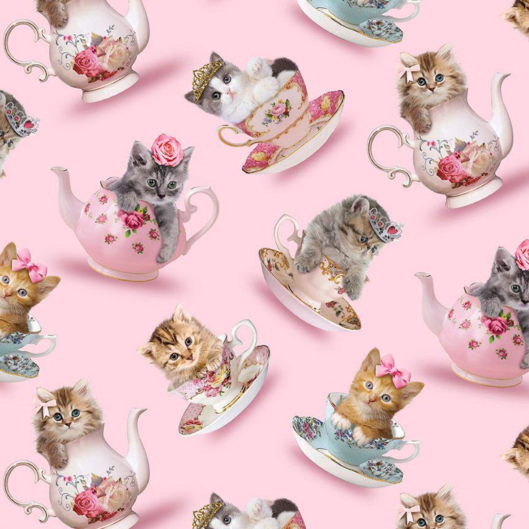 Teacup Kitty by Timeless Treasures CAT-CD3578 Pink Sold by the 1/2 Yd ...