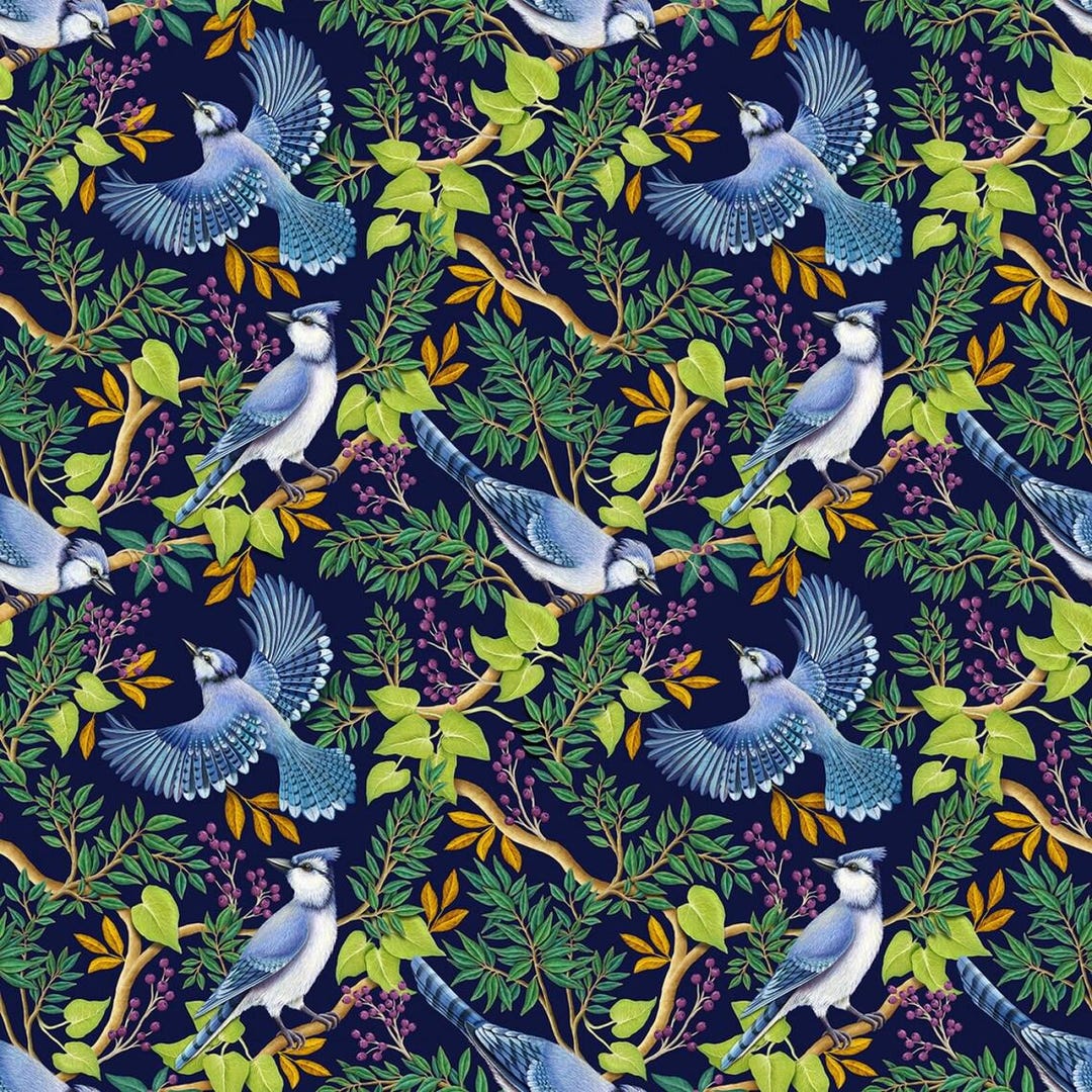 Blue Jays in Trees by Rosie Dore for Timeless Treasures 2276 Navy Sold ...