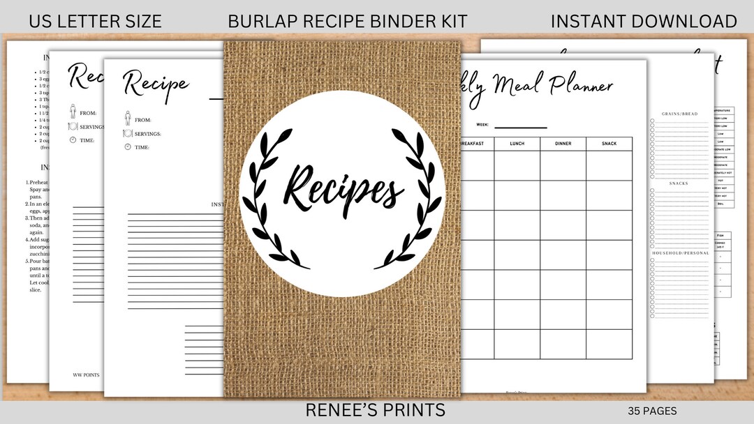 Burlap Recipe Binder Kit, Printable Recipe Binder, Editable Recipe Page ...