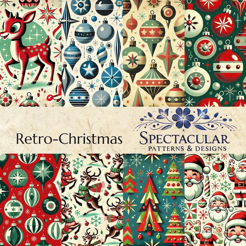 Retro Christmas Seamless Patterns: 1950s Holiday Designs (digital ...