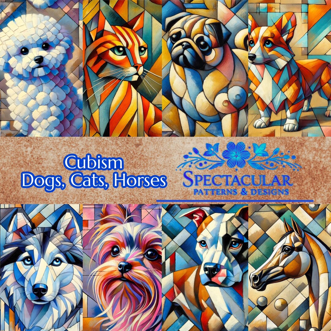 24 Cubist Cute Animals - Dogs, Cats & Horses | 12x12 Inch Seamless ...