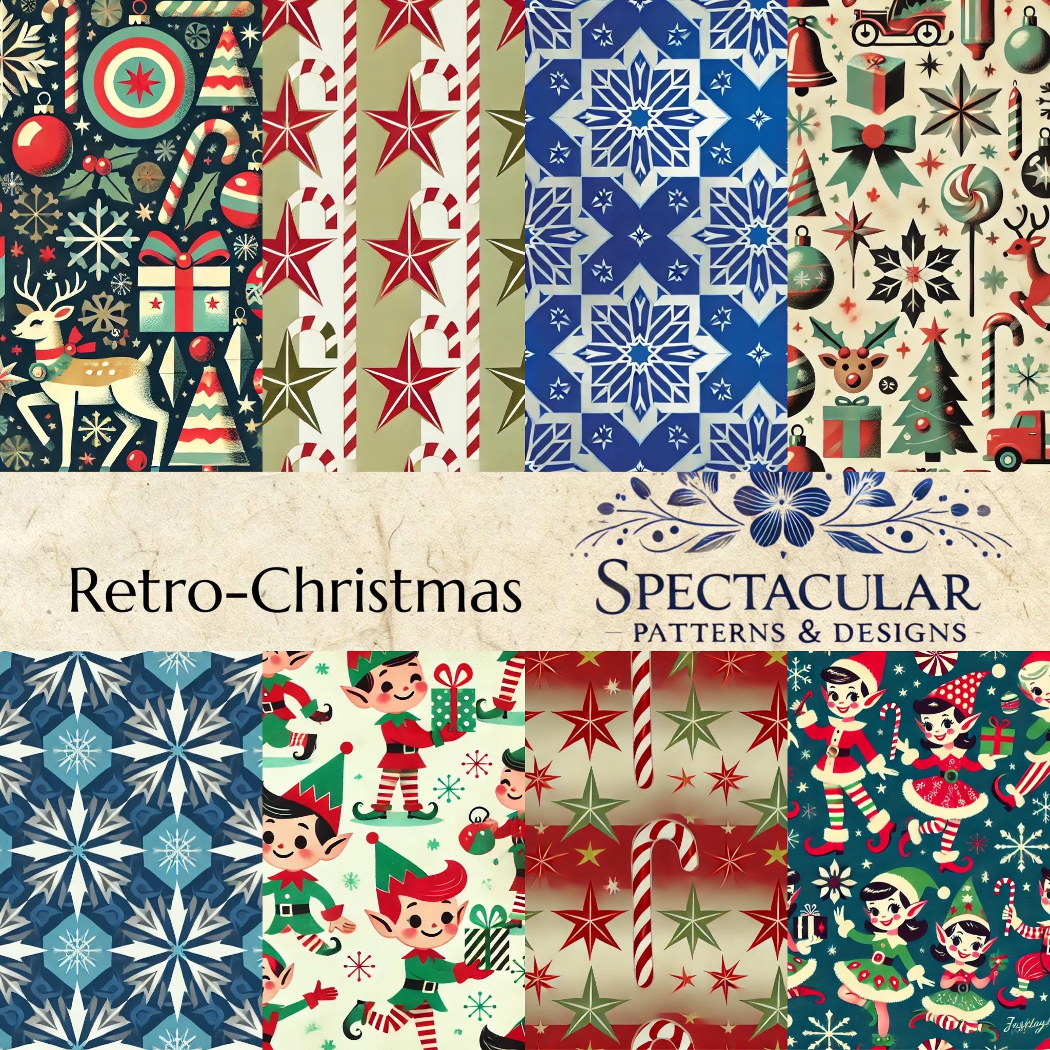 Retro Christmas Seamless Patterns: 1950s Holiday Designs (digital ...