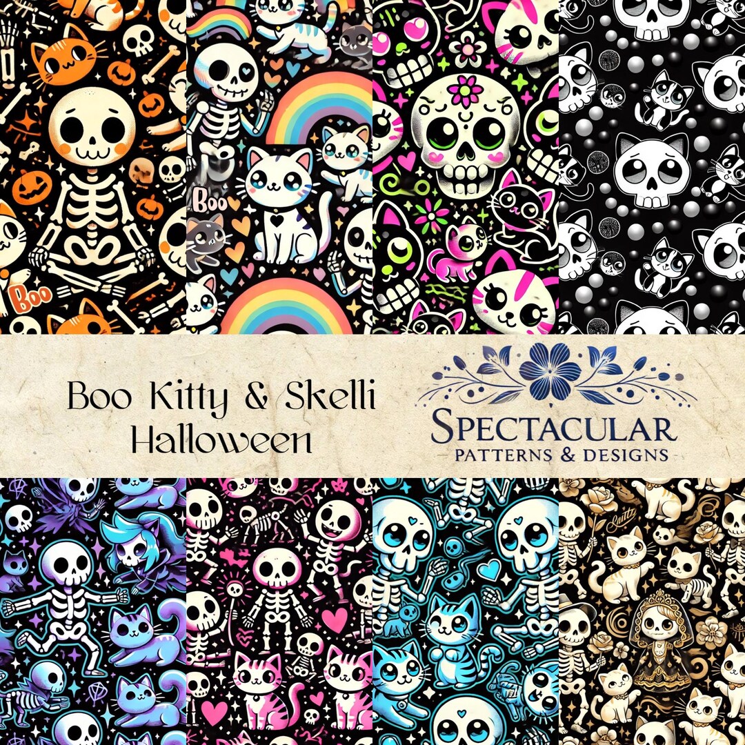 18 Boo Kitty & Skelli Cute Halloween Seamless Patterns for Crafting ...