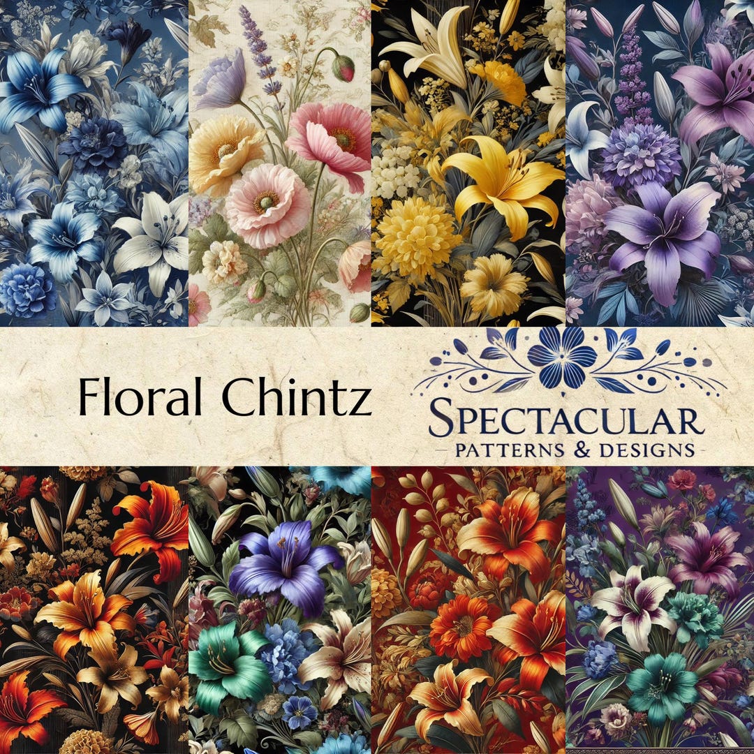 Floral Chintz Seamless Patterns: Jewel Tones, Dark Backgrounds (digital ...