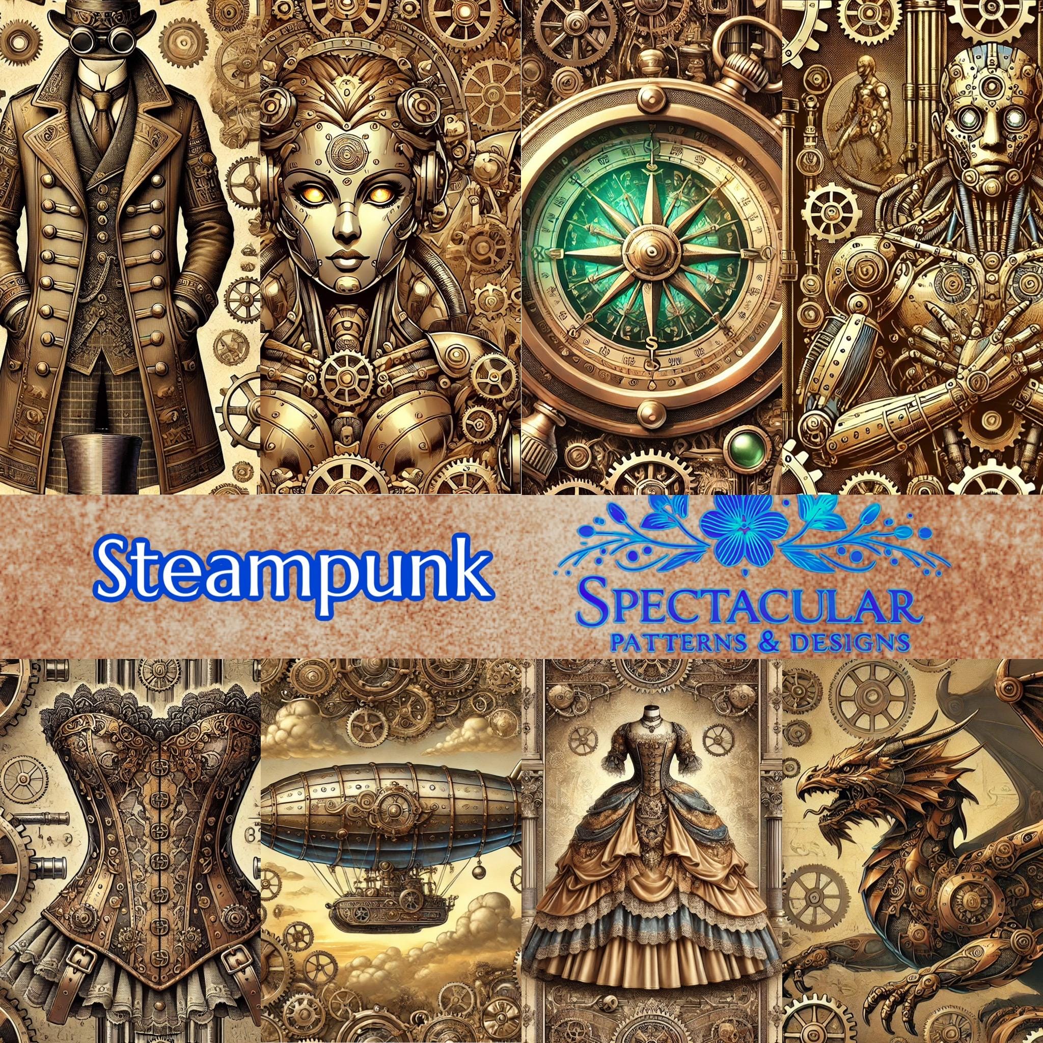 36 Steampunk Seamless Patterns: Brass Gears, Dragons, Robots (12" X 12 ...