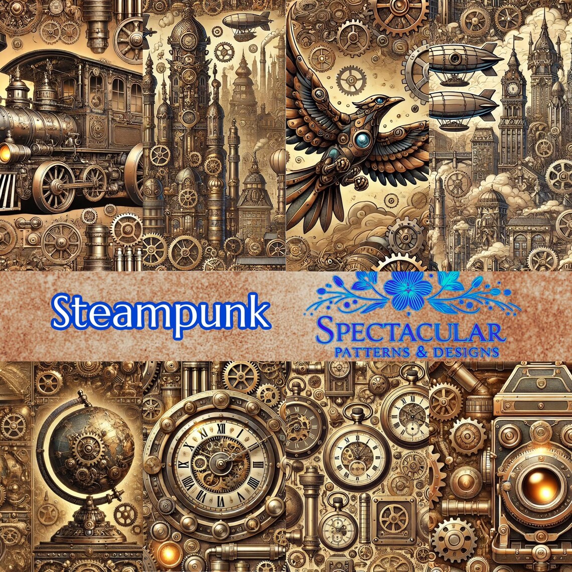 36 Steampunk Seamless Patterns: Brass Gears, Dragons, Robots (12" X 12 ...