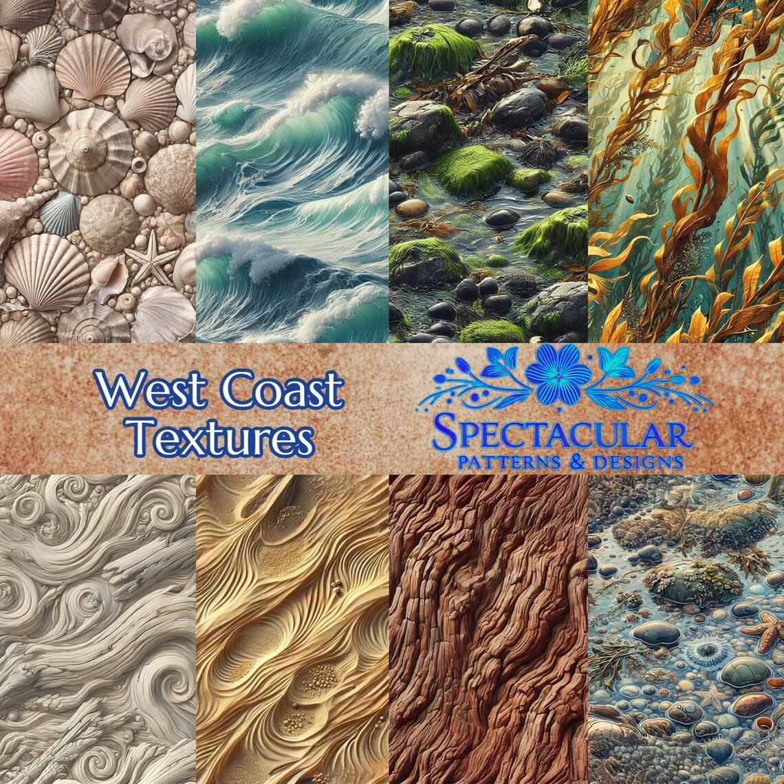West Coast Textures 14 Seamless Patterns – Ocean Waves, Redwood Bark ...