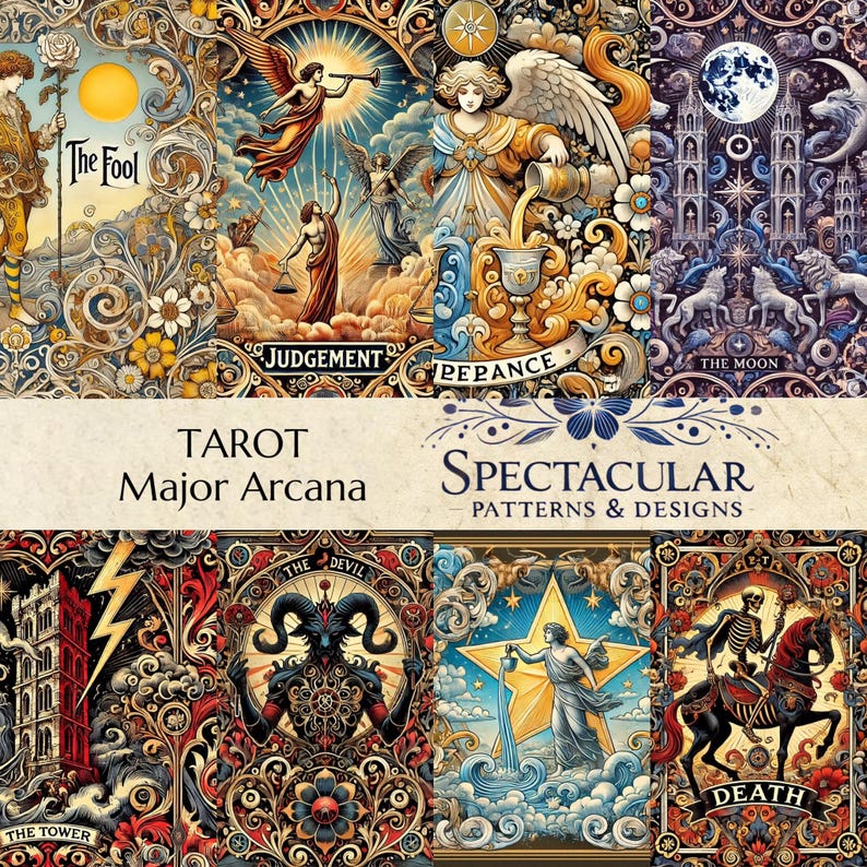 22 Major Arcana Tarot Ornate Seamless Patterns - Intricate Art Nouveau ...