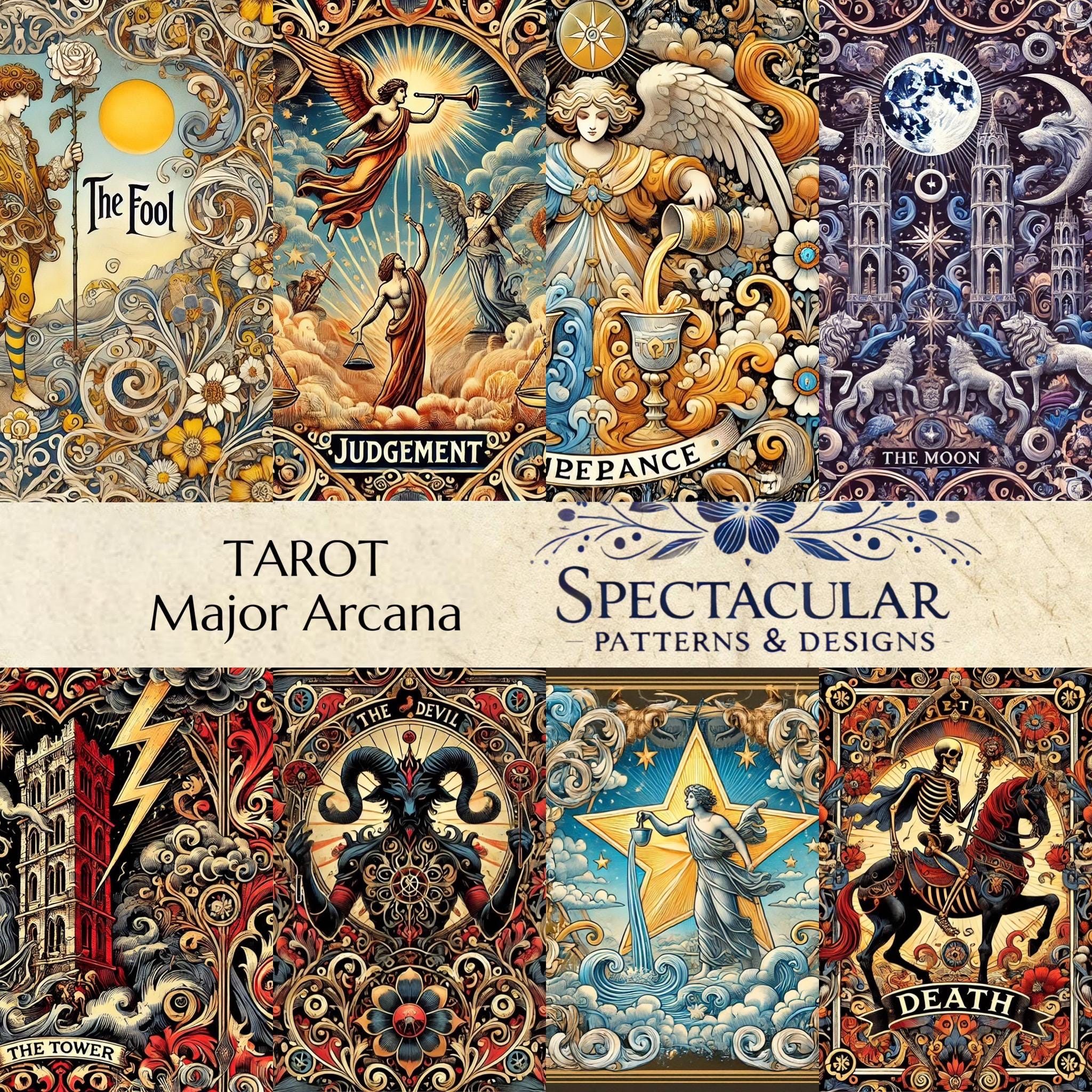 22 Major Arcana Tarot Ornate Seamless Patterns - Intricate Art Nouveau ...