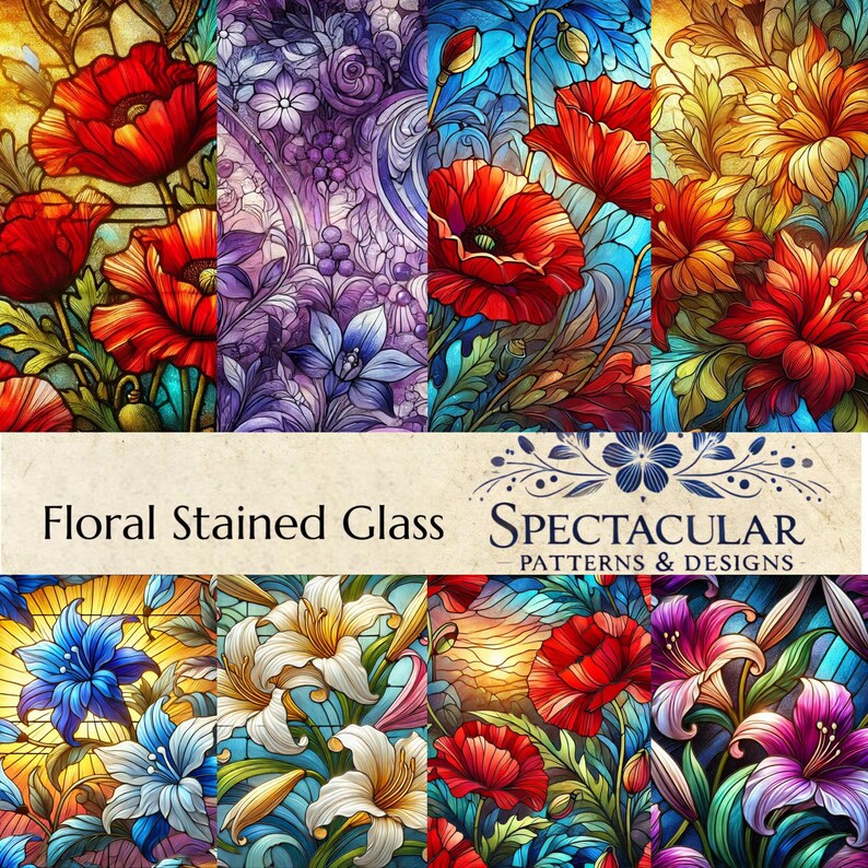 Floral Stained Glass Seamless Patterns: Fine Art Digital Paper (12x12, 300 DPI) (digital ...