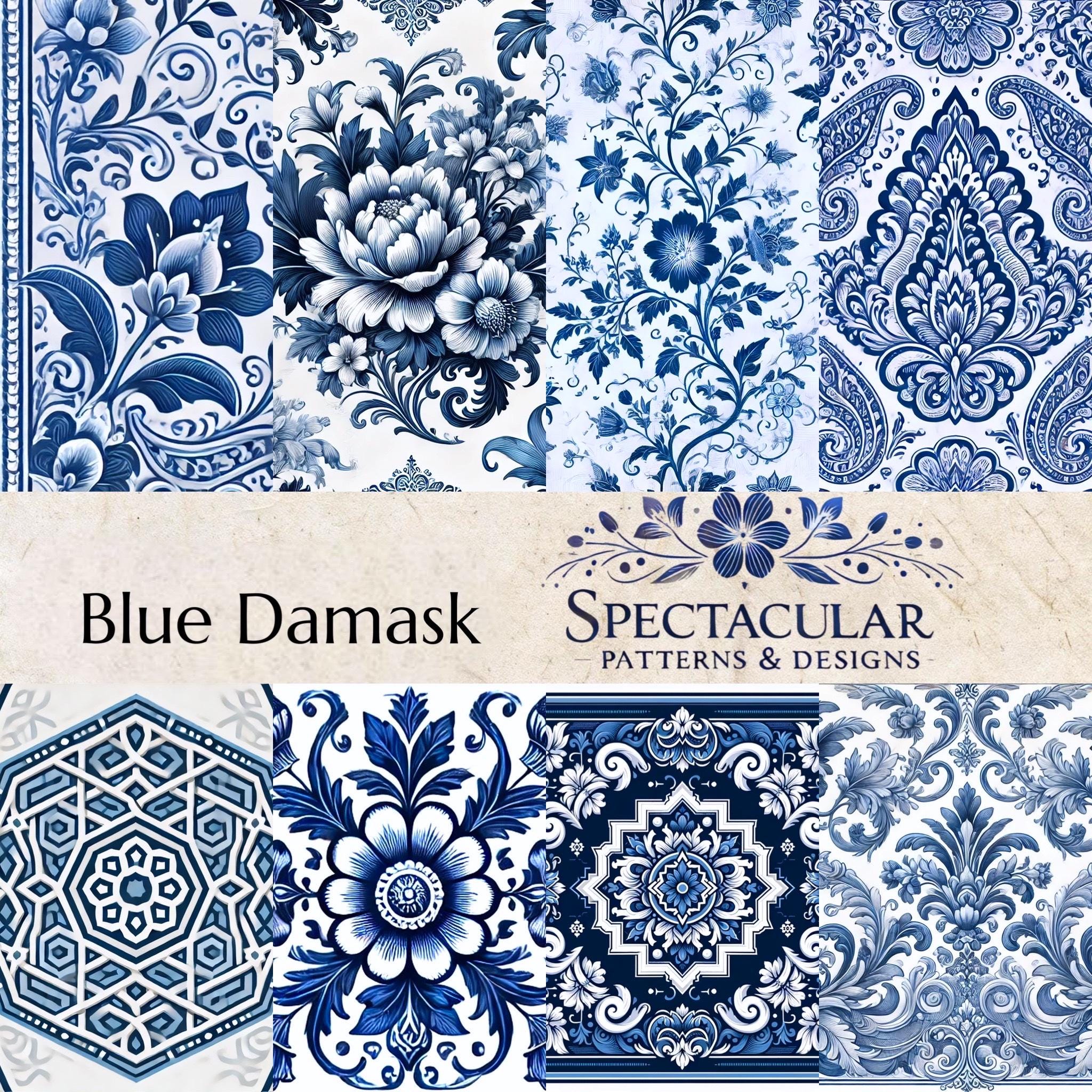 Blue & White Damask Patterns: Elegant Floral Designs (digital Download ...