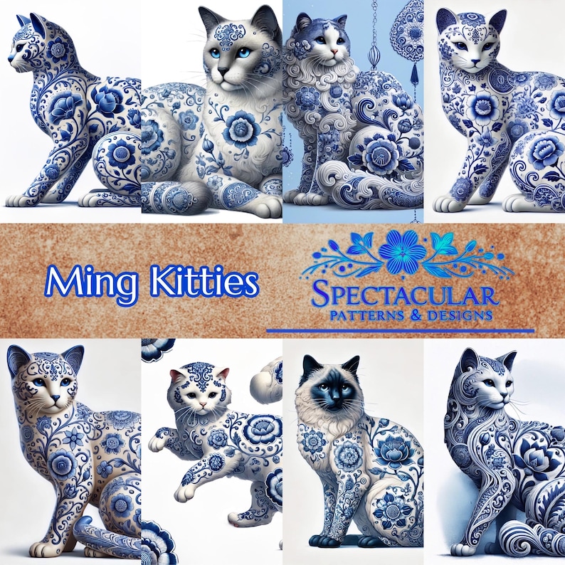 16 Ming Dynasty Porcelain Cat Seamless Patterns – Blue & White Elegant ...