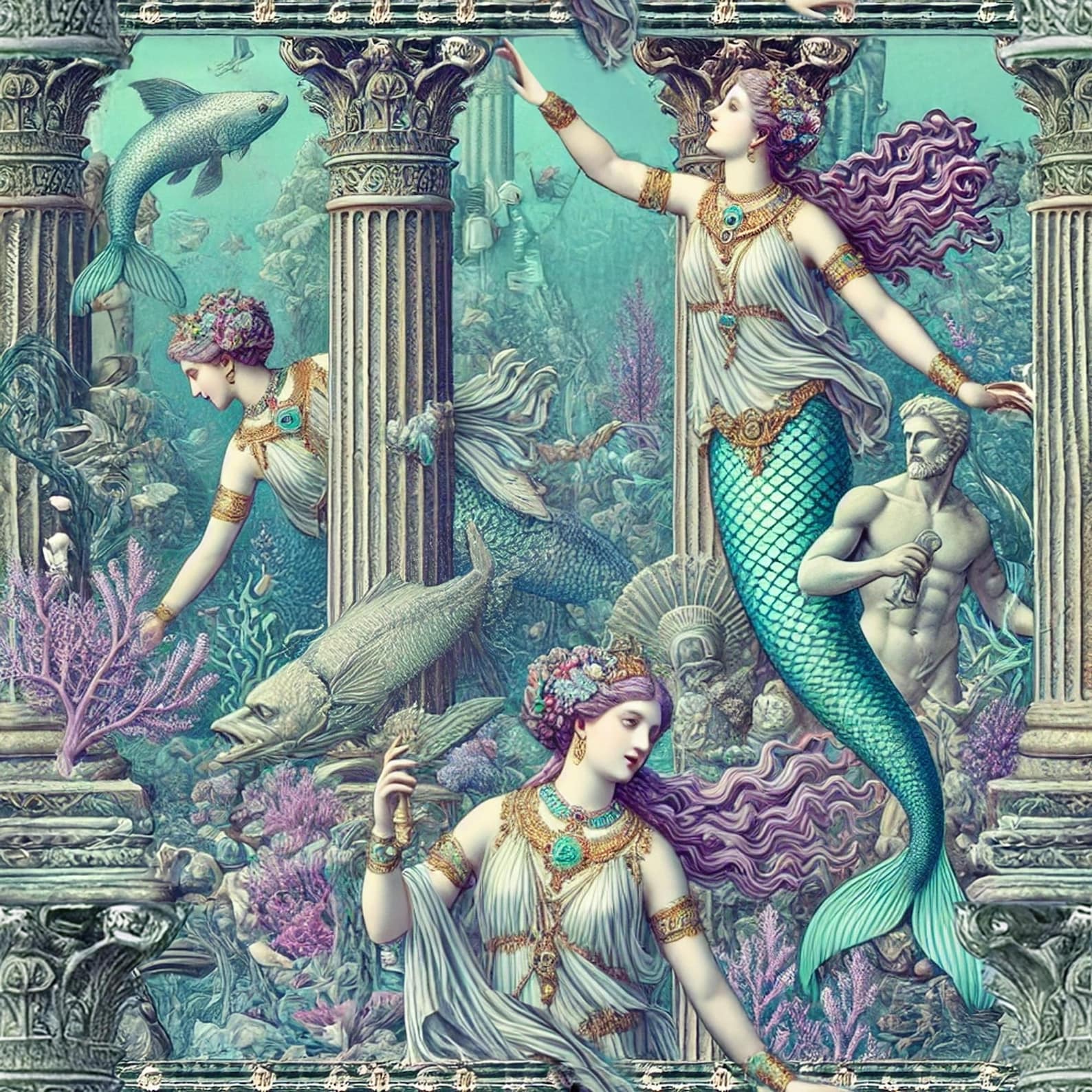 28 Mermaids of Atlantis Art Seamless Patterns - Vibrant Digital Designs ...