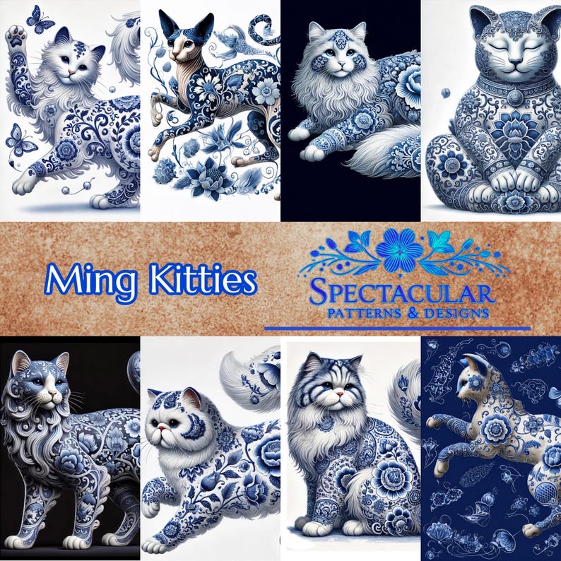 16 Ming Dynasty Porcelain Cat Seamless Patterns – Blue & White Elegant ...