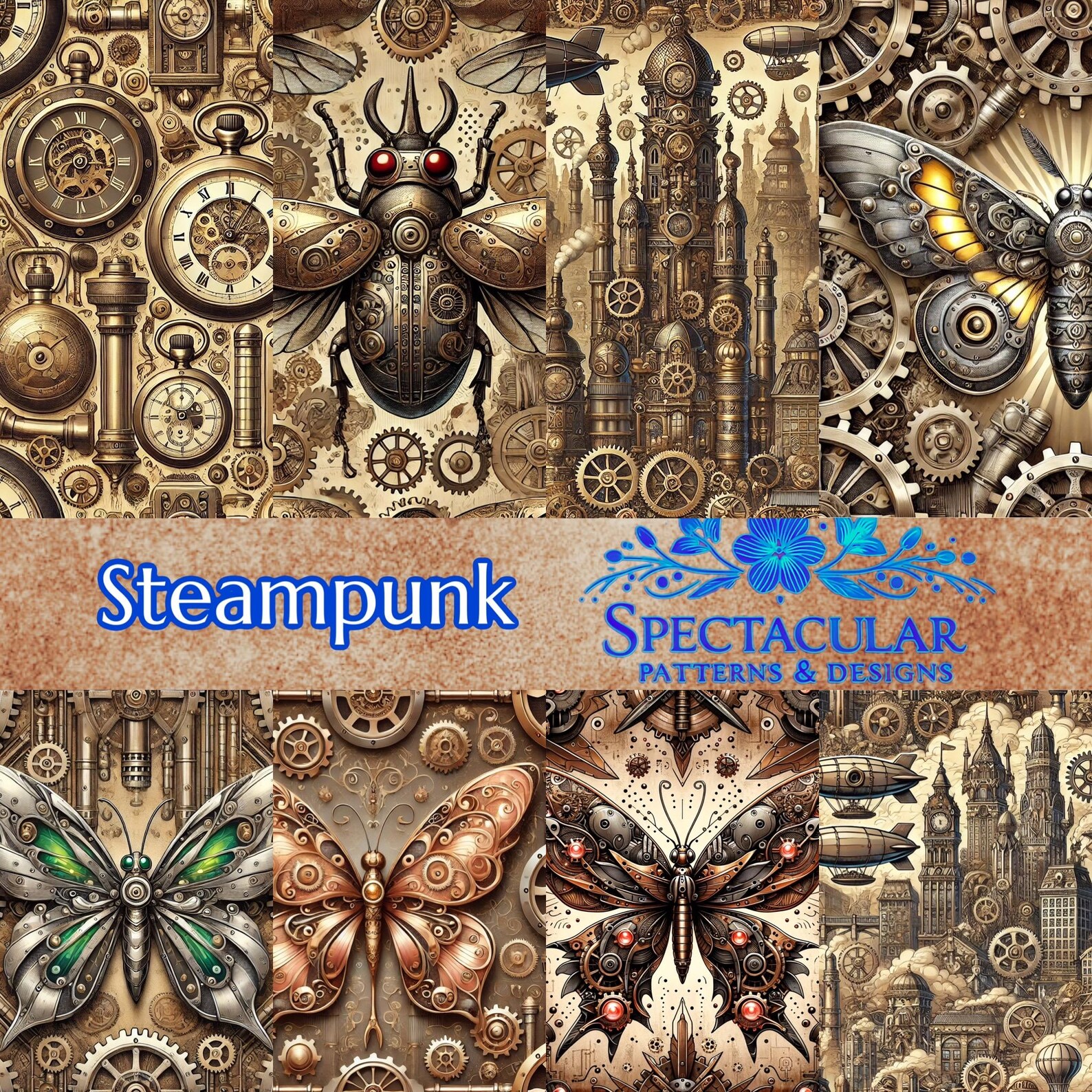 36 Steampunk Seamless Patterns: Brass Gears, Dragons, Robots (12" X 12 ...