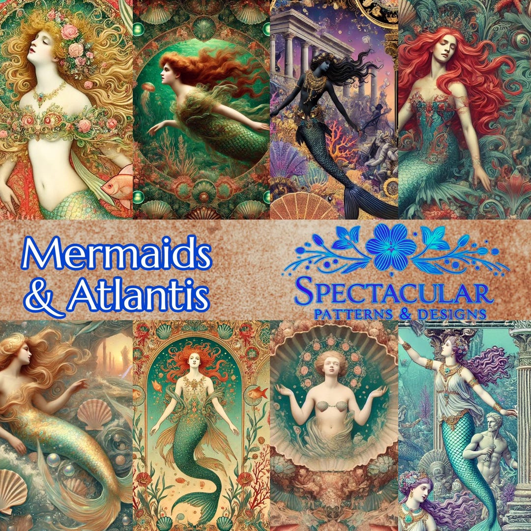 28 Mermaids of Atlantis Art Seamless Patterns - Vibrant Digital Designs for Crafts POD ...