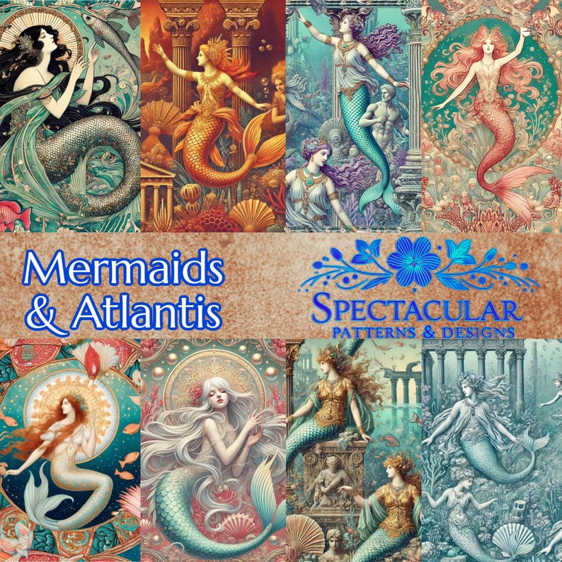28 Mermaids of Atlantis Art Seamless Patterns - Vibrant Digital Designs ...