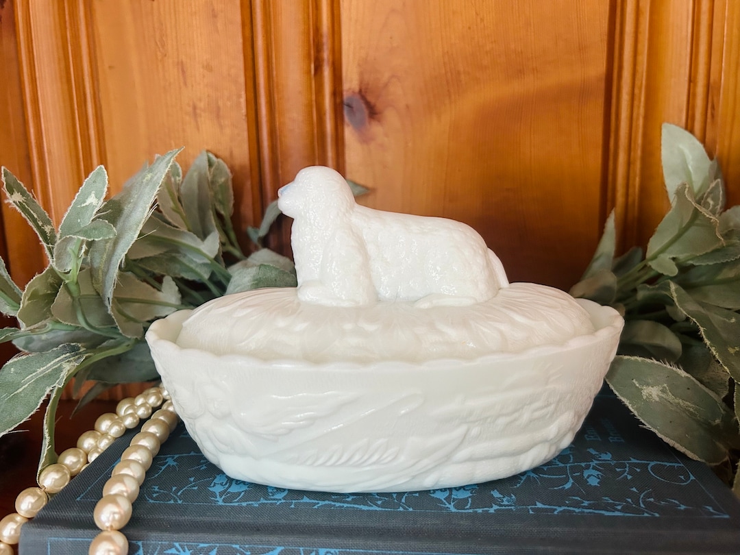 RARE Antique Flaccus EAPG Milk Glass Wooly Lamb Mermaid Dish, Victorian ...
