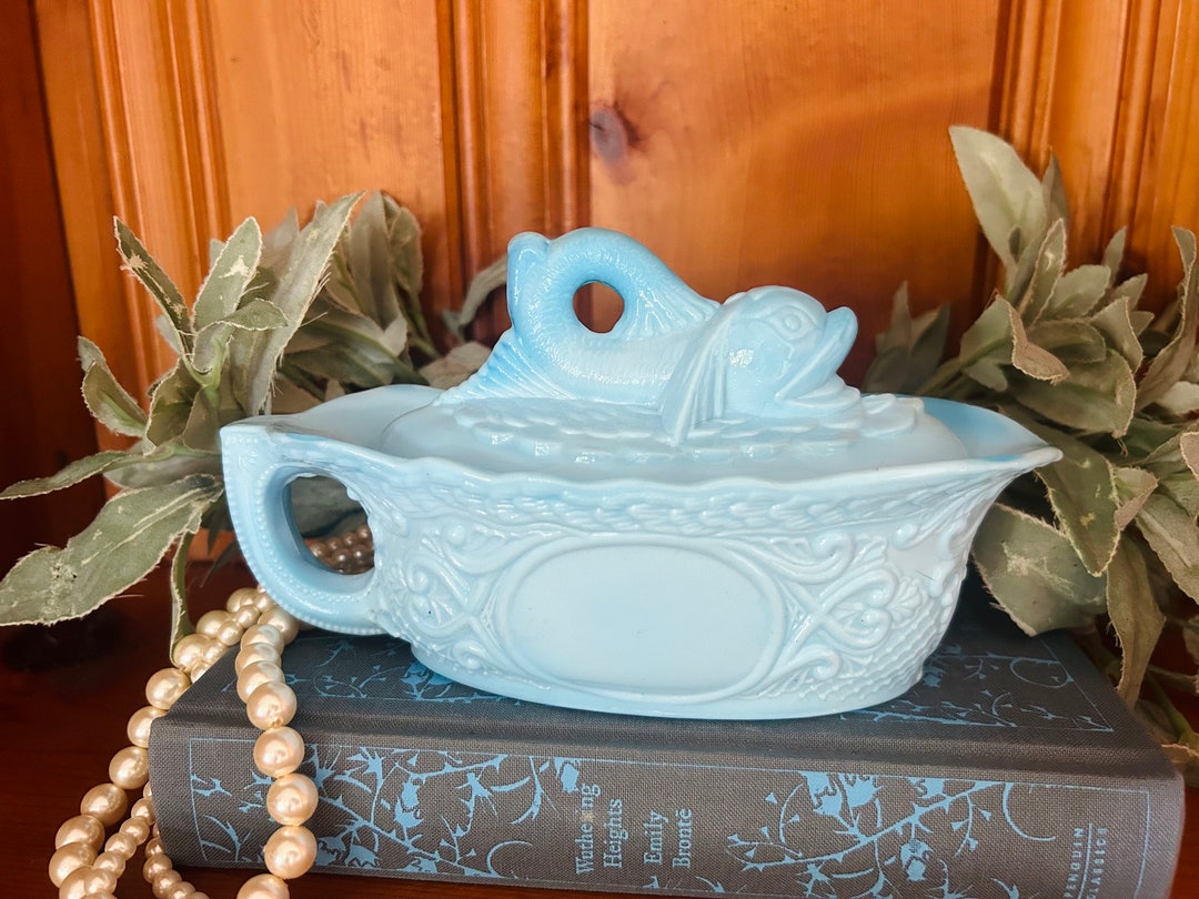 Vintage Blue Milk Glass Dolphin Covered Dish Gravy Boat, Victorian ...