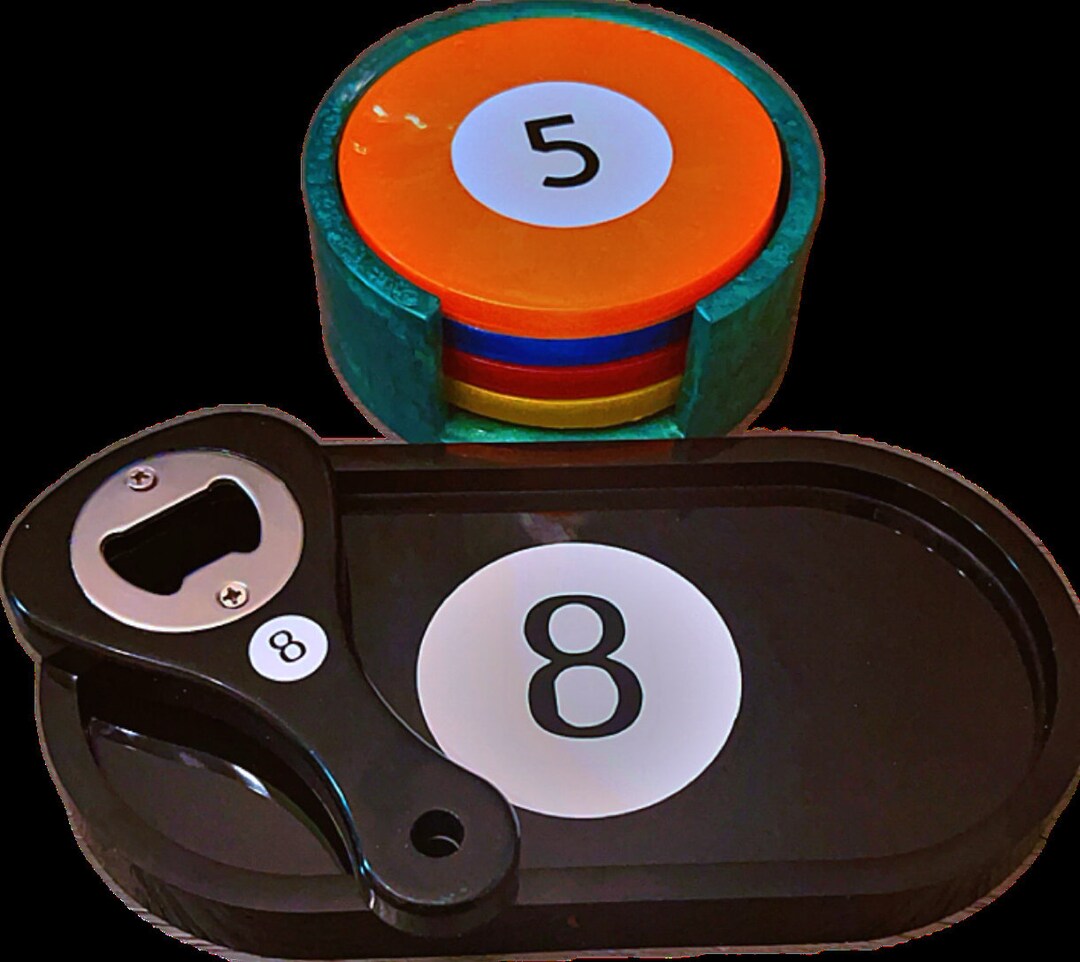 Pool Ball Coaster Set of 4 With Storage, Bottle Opener and Rolling Tray ...