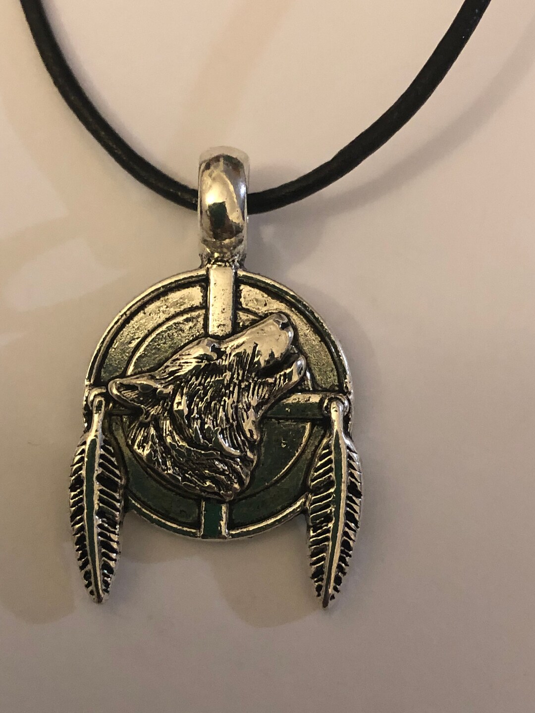 HOWLING WOLF With FEATHERS Tibetan Silver Charm on Faux Leather ...