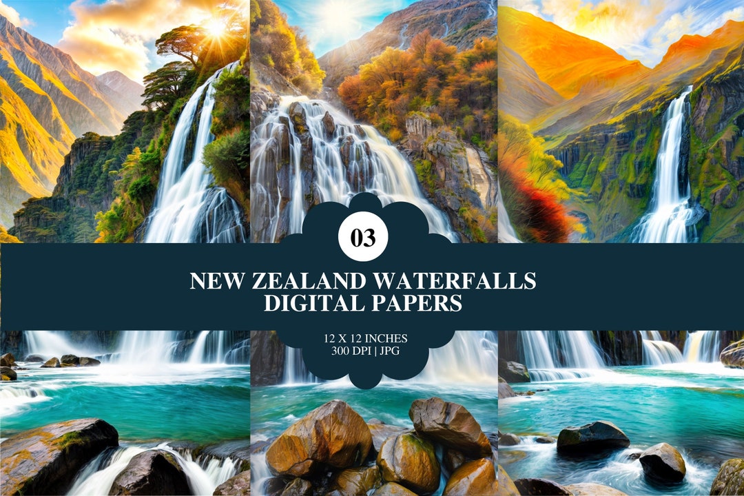 New Zealand Waterfalls Printable Digital Papers, Majestic Waterfalls ...