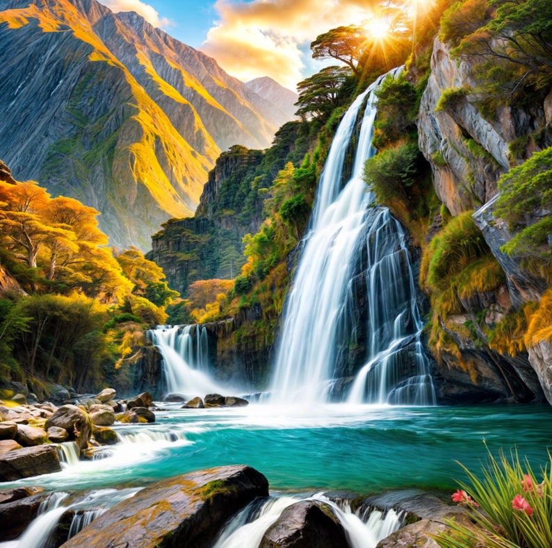New Zealand Waterfalls Printable Digital Papers, Majestic Waterfalls ...