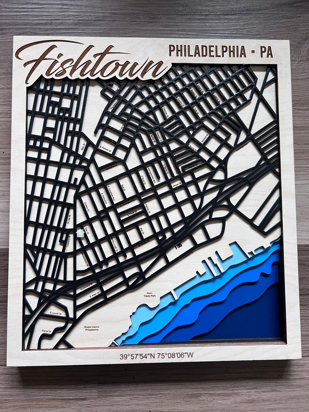Fishtown Philadelphia PA 3D Depth Map, Bathymetric Map, Layered Wood ...