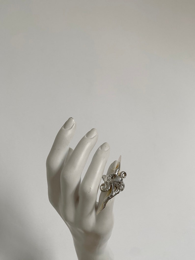 Goblincore Fang Brutalist Ring With Pearl Thorns Melted Metal - Etsy