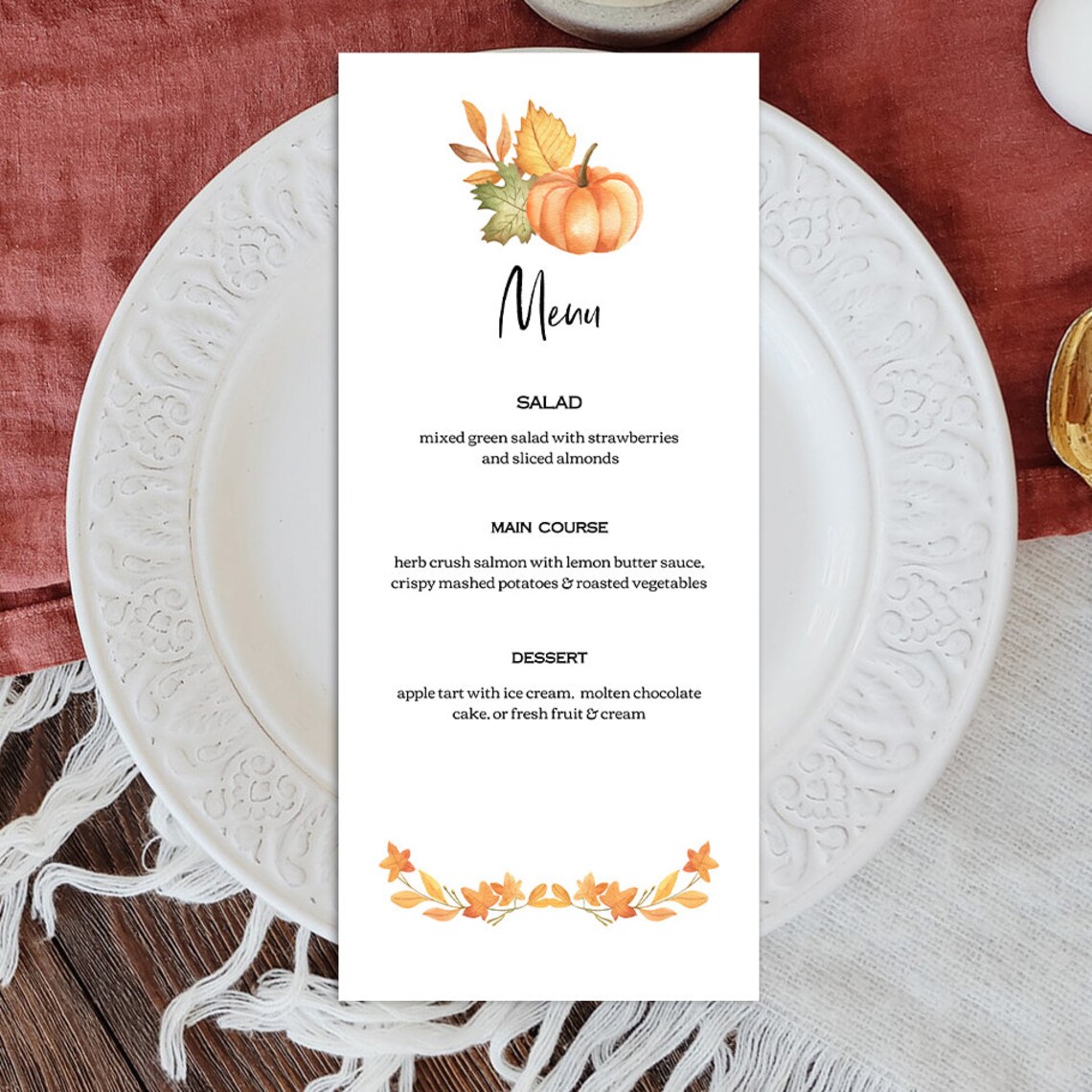 Thanksgiving Editable Menu Template Autumn Menu Card | Etsy