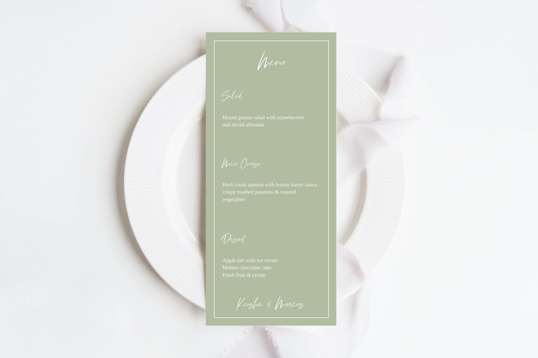Sage Green Minimal Wedding Menu Template - Etsy
