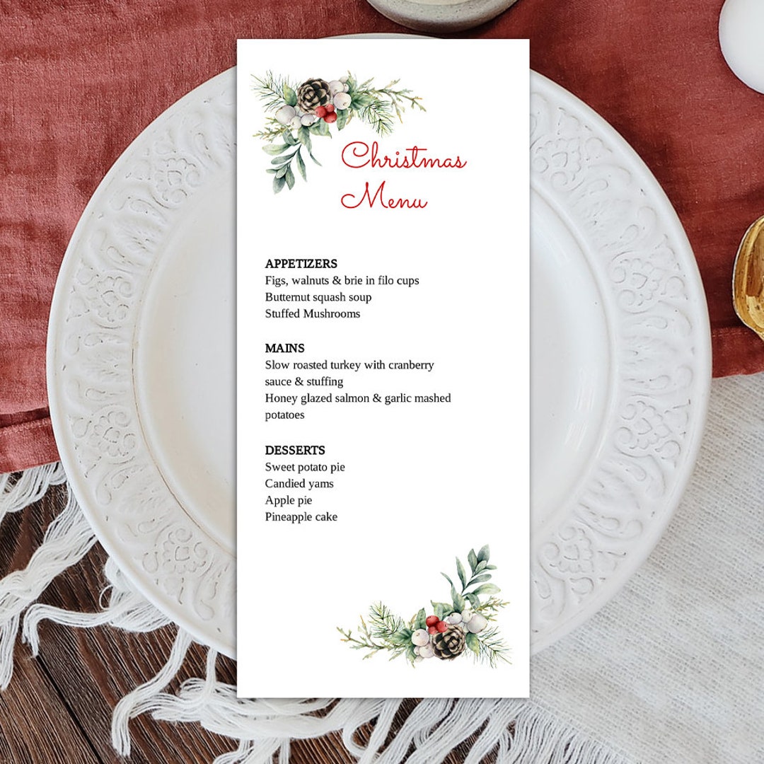 Editable Christmas Holiday Menu Template With Greenery, Templett - Etsy