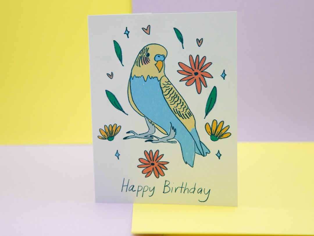Budgie Happy Birthday Card | Parakeet Floral Printed Greeting Card - Etsy