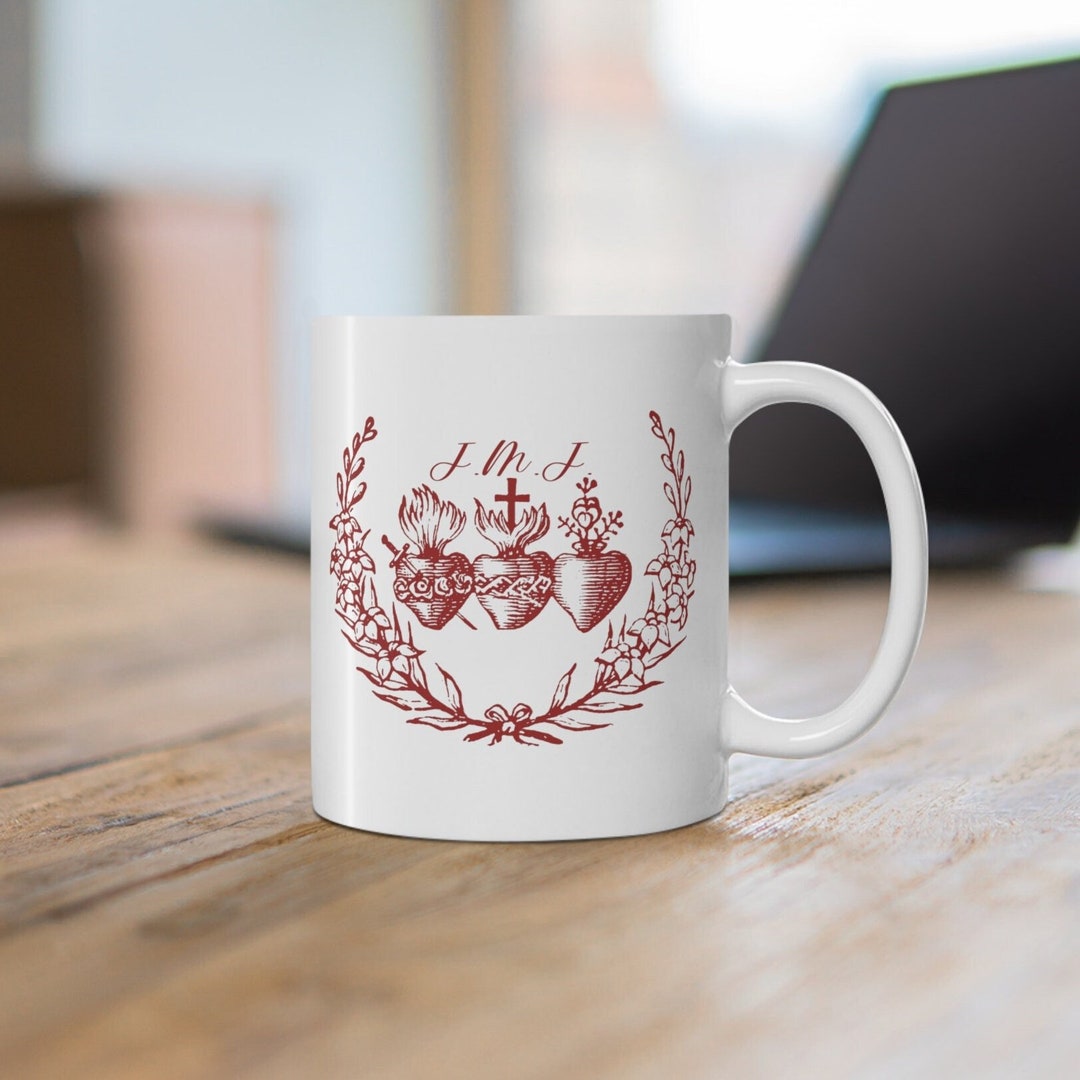 Vintage Floral Holy Hearts of Jesus, Mary, & Joseph Mug 11 Oz ...