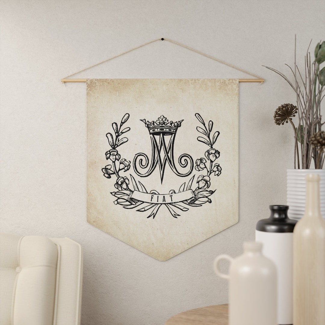 Vintage Floral Auspice Maria Banner - Catholic Our Lady's Fiat Pennant ...