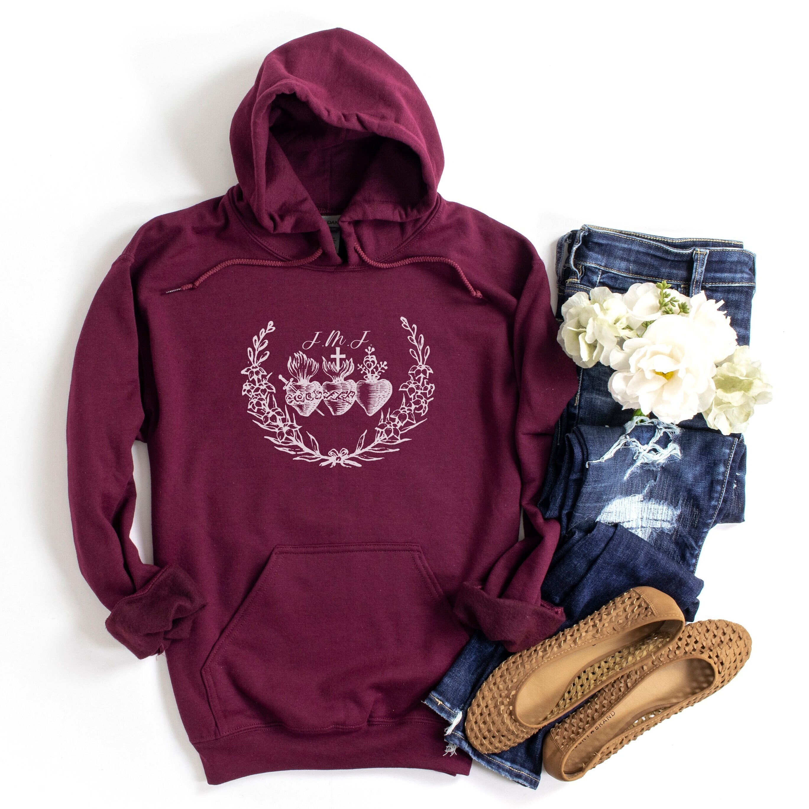 Floral JMJ 3 Holy Hearts Catholic Hoodie - Unisex Hooded Sweatshirt ...