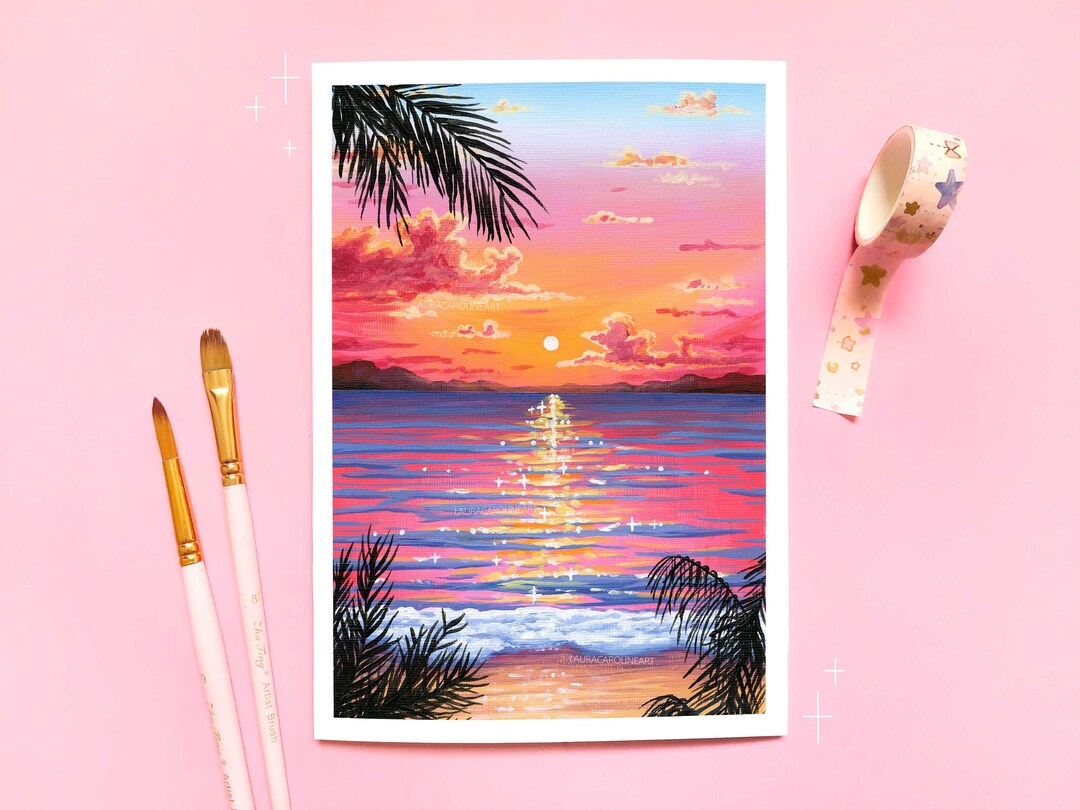 Tropical Beach Sunset Art Poster ~ A4/A5/A6 ~ Acrylic Painting Poster ...
