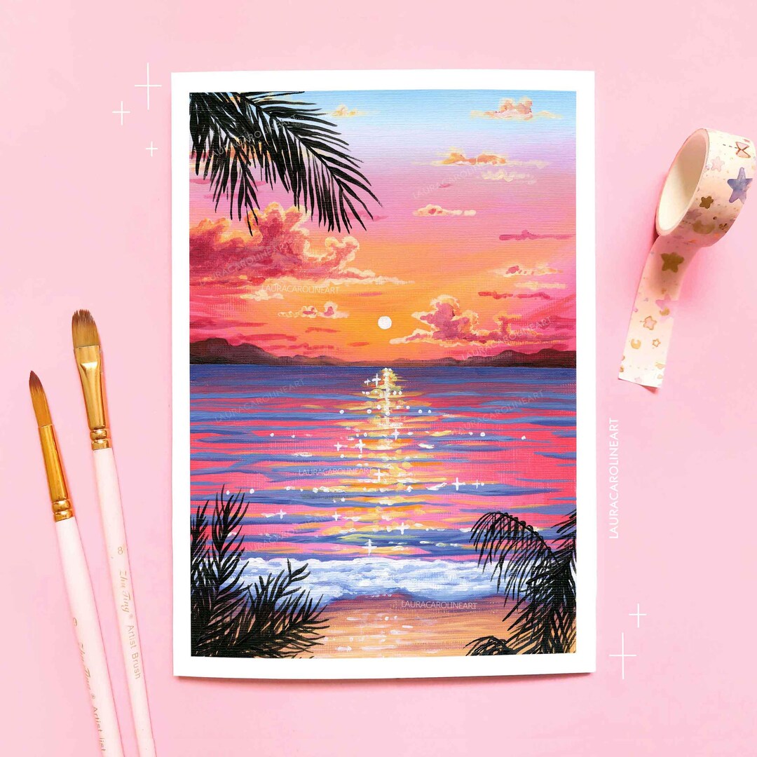 Tropical Beach Sunset Art Poster ~ A4/A5/A6 ~ Acrylic Painting Poster ...