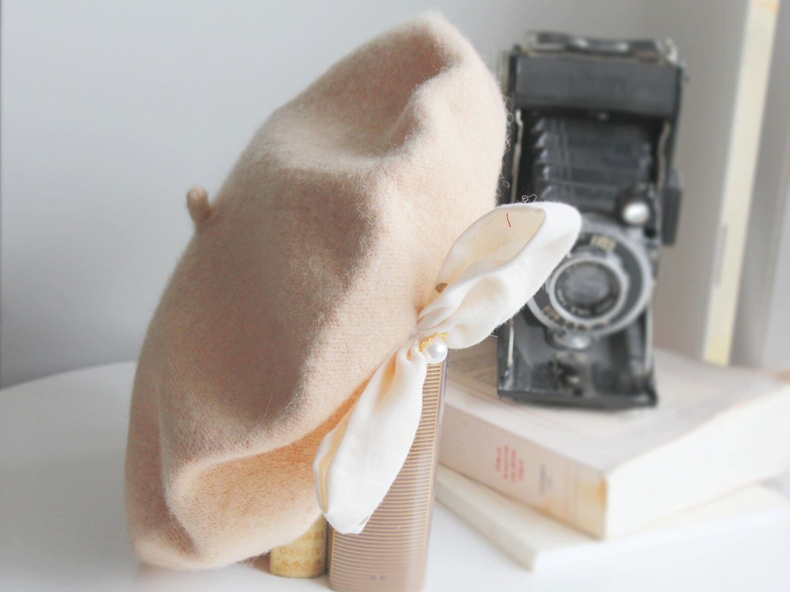 Beret Woman Beige Beret With Alice Bow Wool Beret French - Etsy