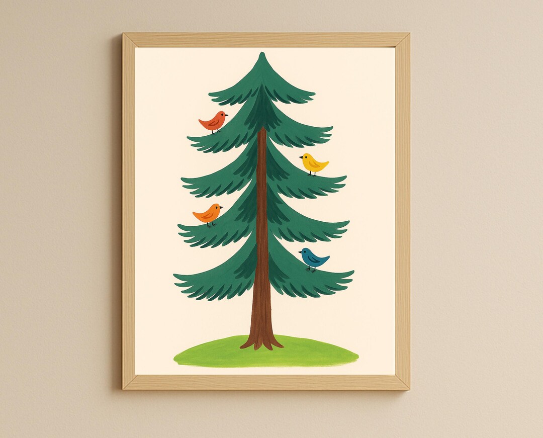 Woodland Nursery Art: Pine Tree & Birds Print (instant Download) - Etsy