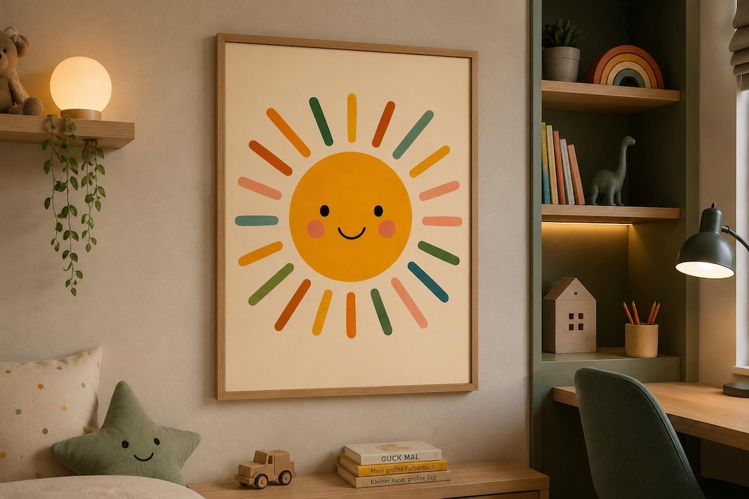 Smiling Sun Nursery Print, Rainbow Rays Kids Wall Art (digital Download ...