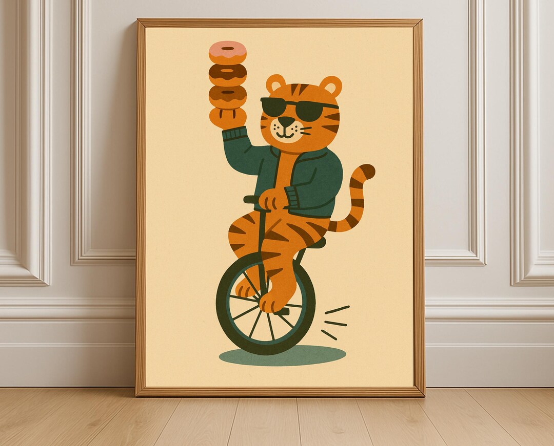 Unicycle Tiger Wall Art – Donut Animal Print, Kids Room Decor, Nursery ...