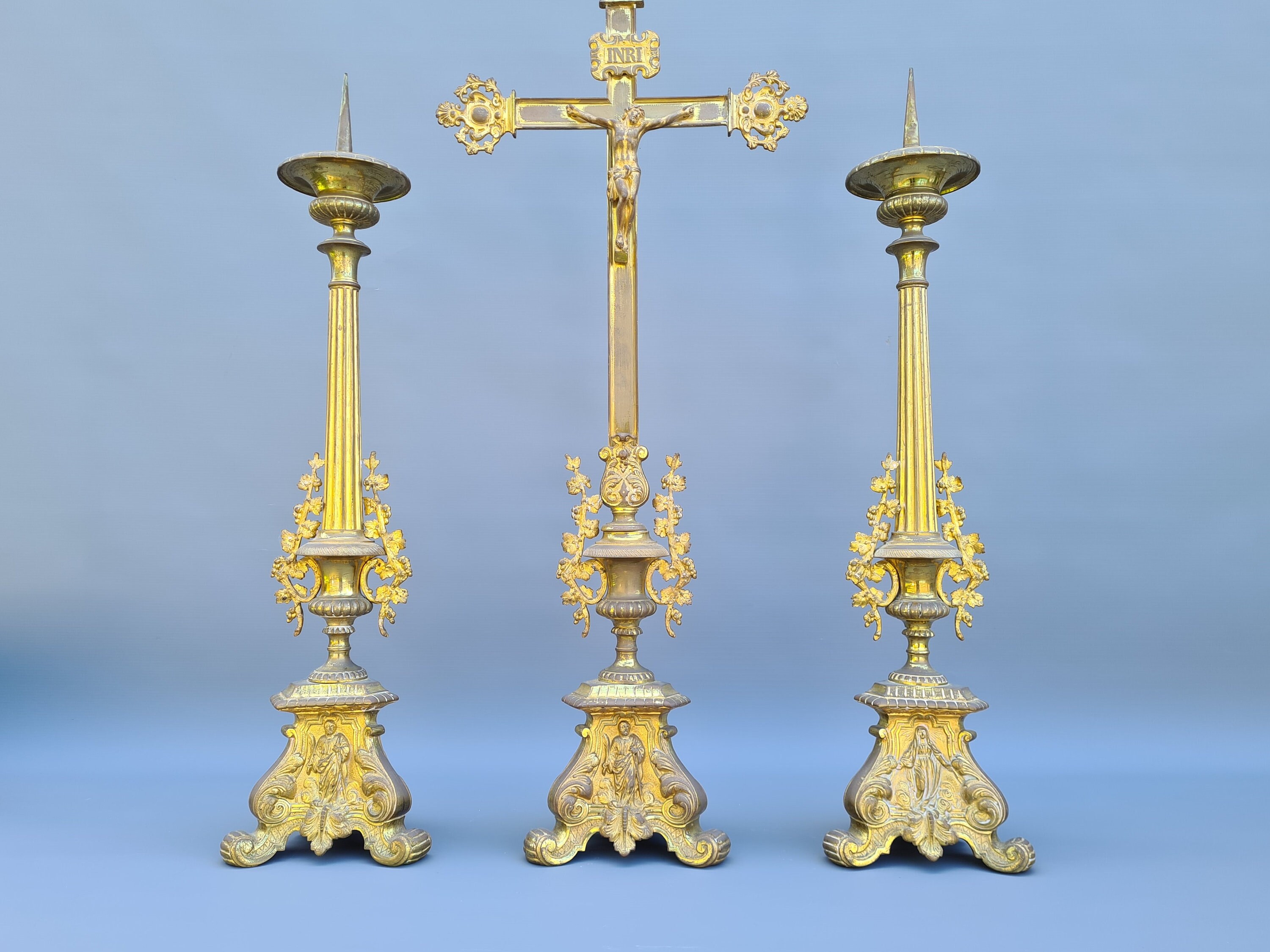 Antique Large Brass Brass Altar Cross and Candlestick Set - Etsy