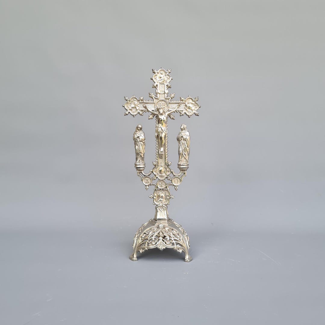 Antique French Spelter Zinc Standing Cross Altar / Table Altar Crucifix ...