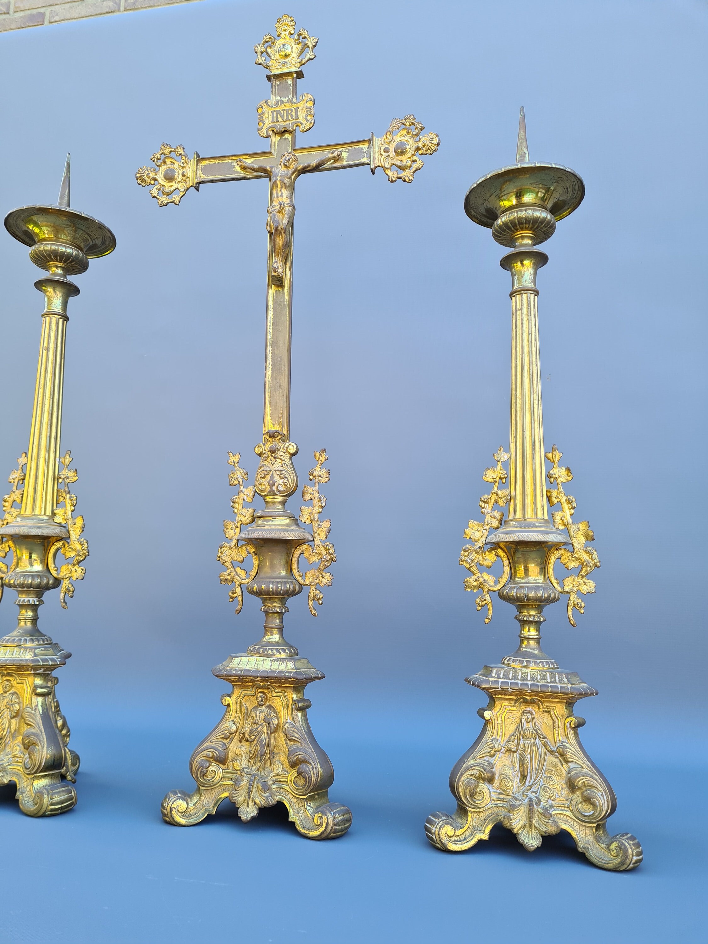 Antique Large Brass Brass Altar Cross and Candlestick Set - Etsy
