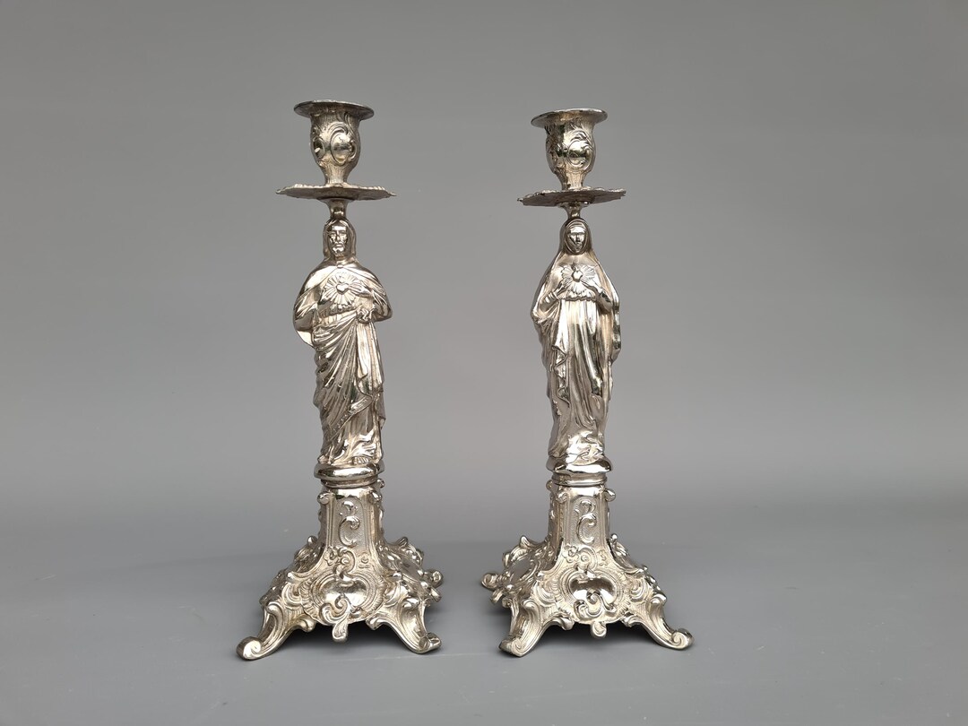 Antique French Religious Pair of Spelter Zinc Altar Candlesticks Sacred ...
